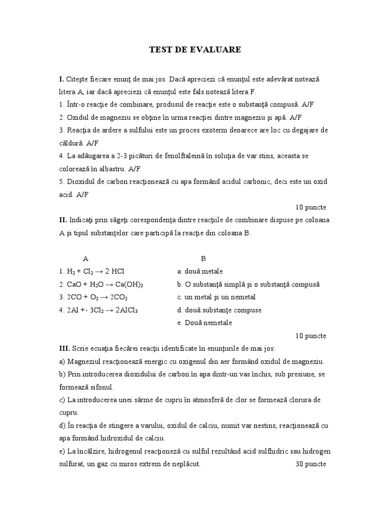 Test de Evaluare Reactia de Combinare | PDF