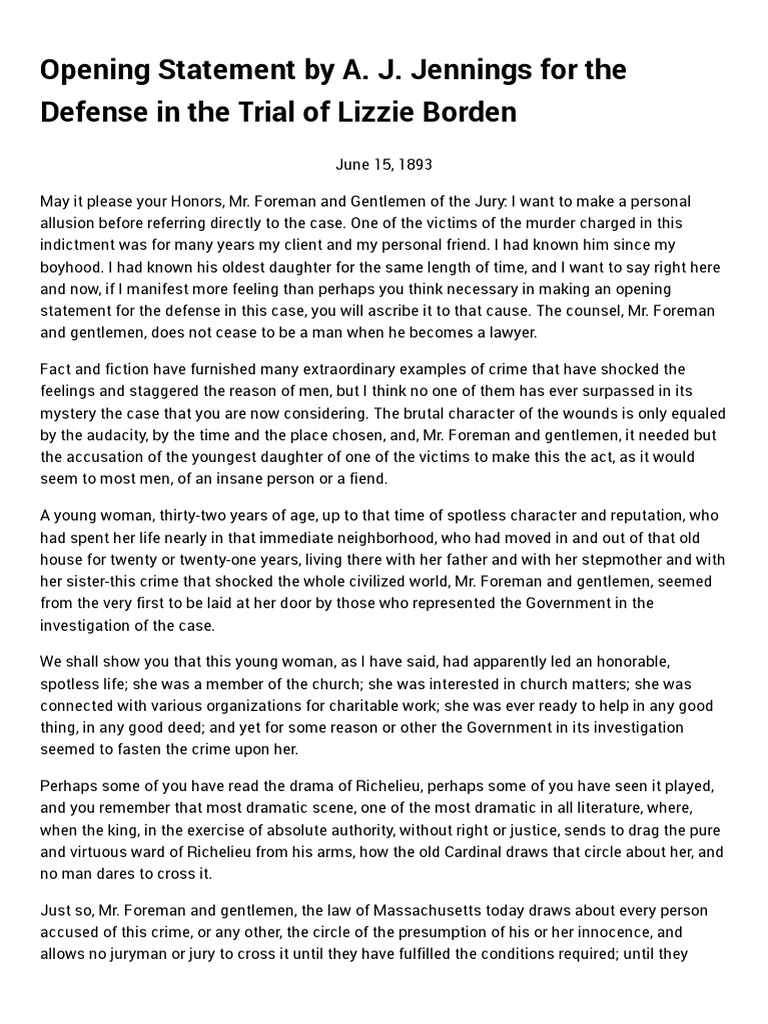 Opening Statement by A. J. Jennings For The Defense in The Trial of ...