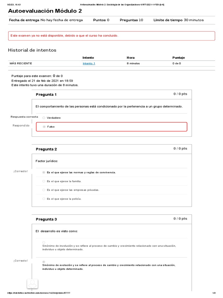 Autoevaluación Módulo 2 - Sociología de Las Organizaciones VIRT 2021 1 FEB (4 A) | PDF ...