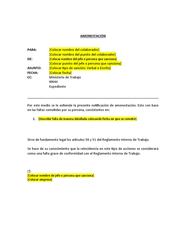 Plantilla Amonestación Verbal y Escrita 2016 | PDF