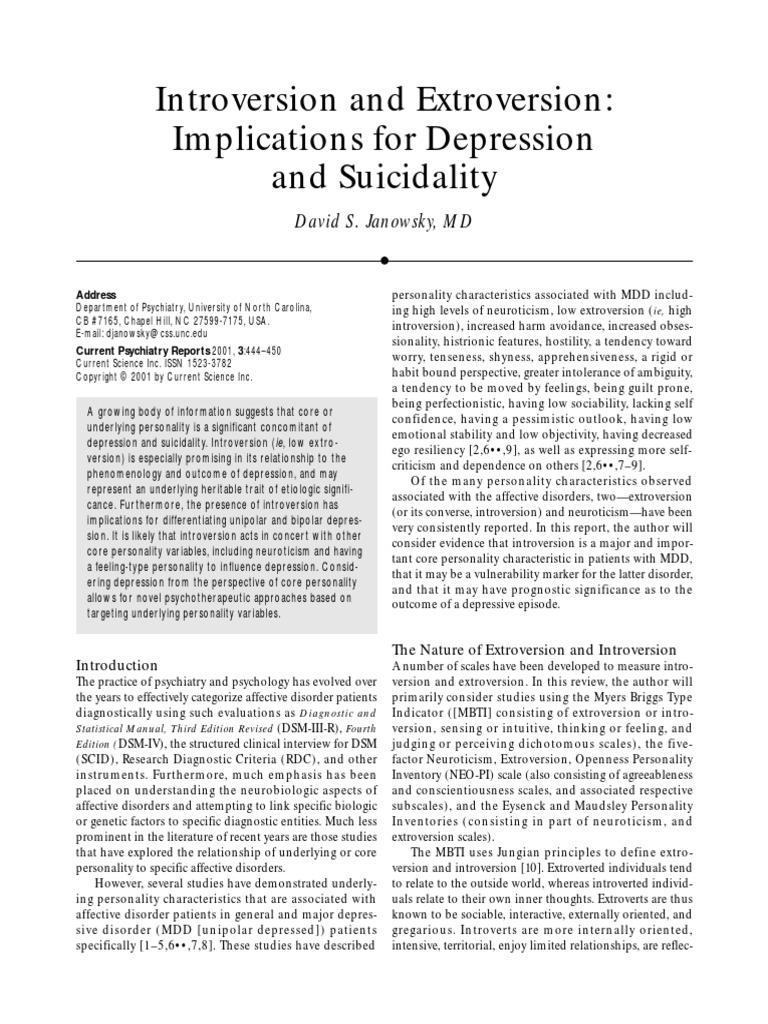 Introversion and Extroversion: Implications For Depression and Suicidality | Download Free PDF ...