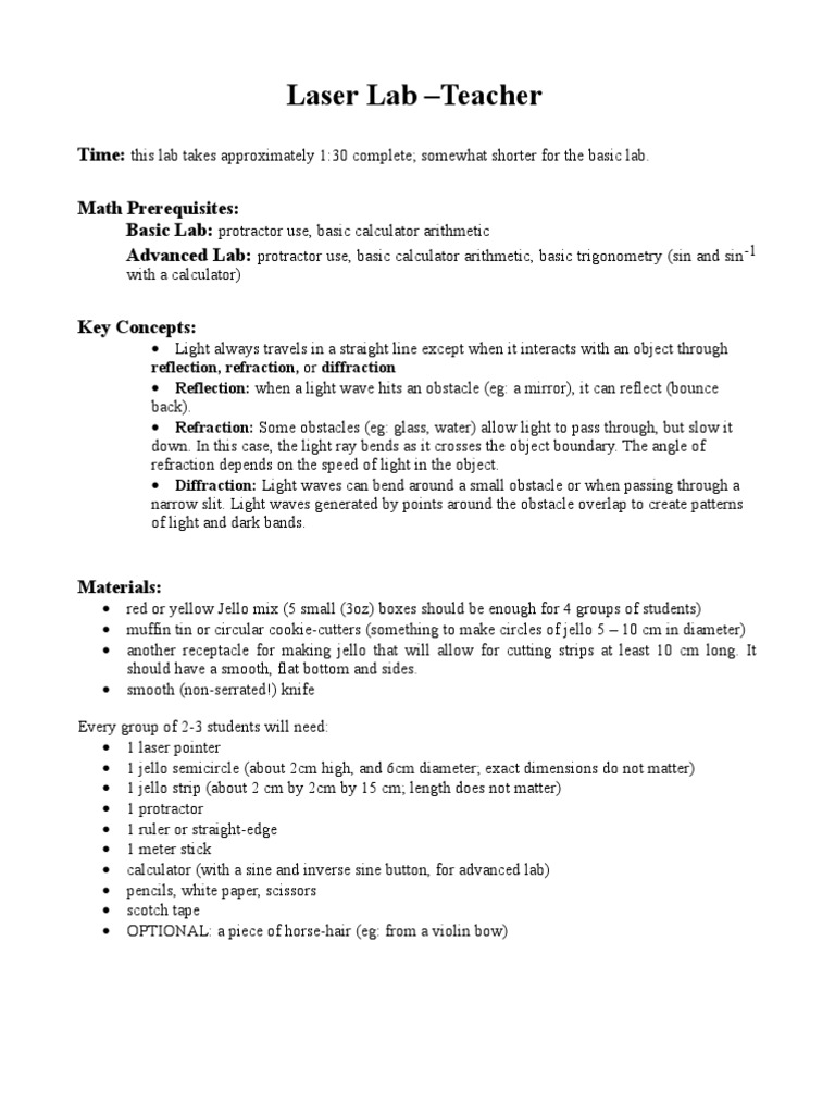 Laser Lab - Teacher Version | PDF | Sine | Light