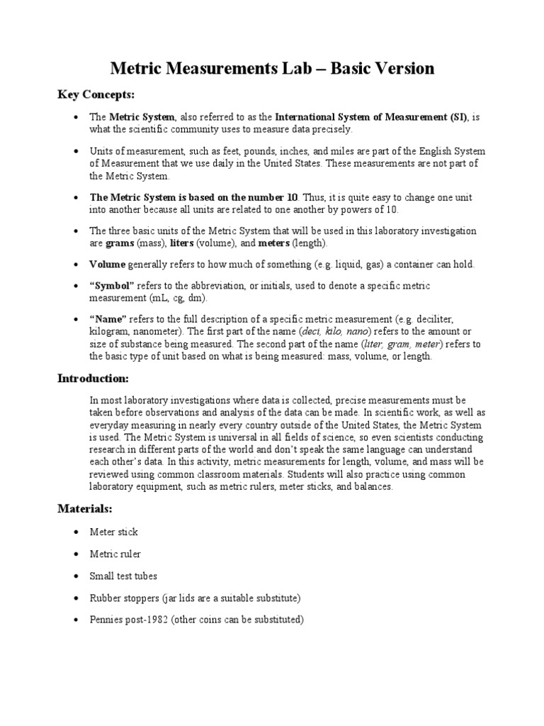 Metric Measurements Lab Overview | PDF | Measurement | Weighing Scale