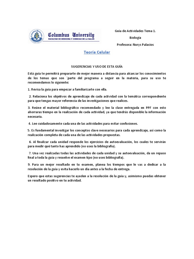 Guía de Actividades Tema 1 Teoria Celular | PDF
