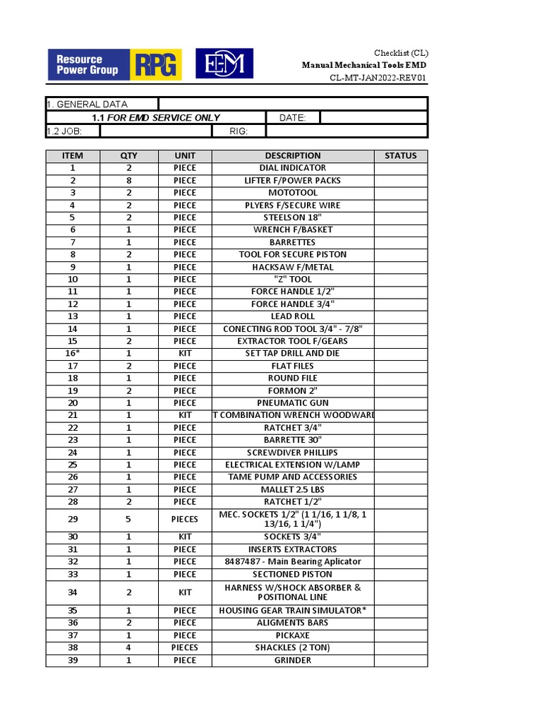 Mechanical Tools Checklist | PDF | Equipment | Tools