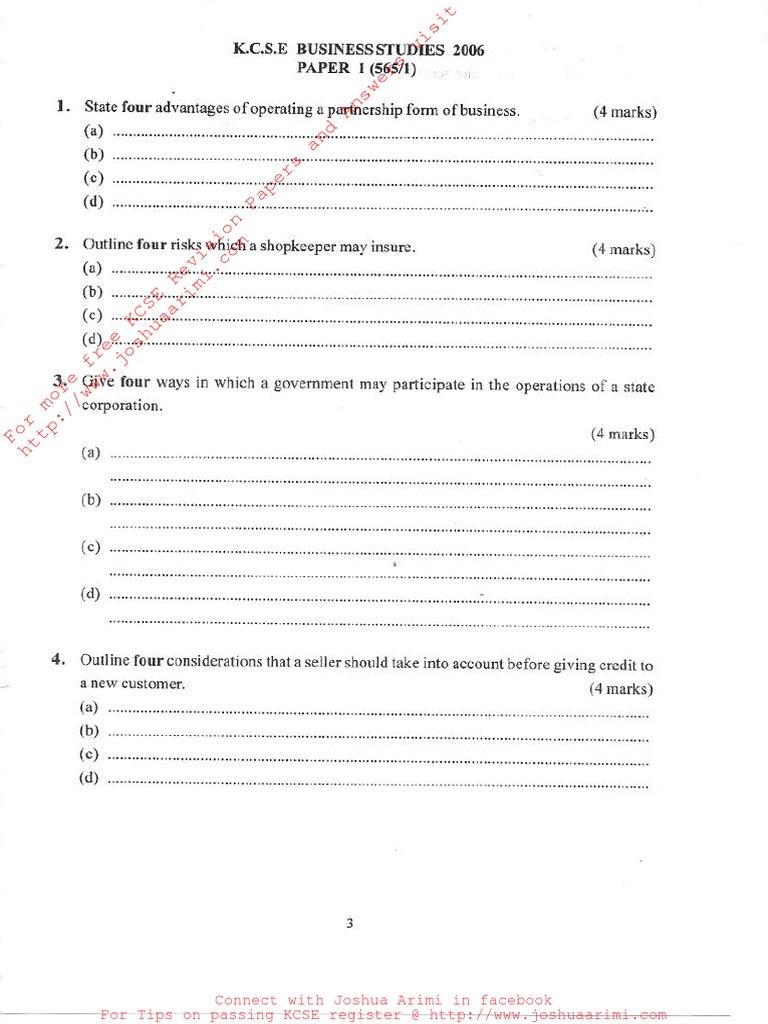 KCSE 2006 Business Studies PAPER 1 | PDF