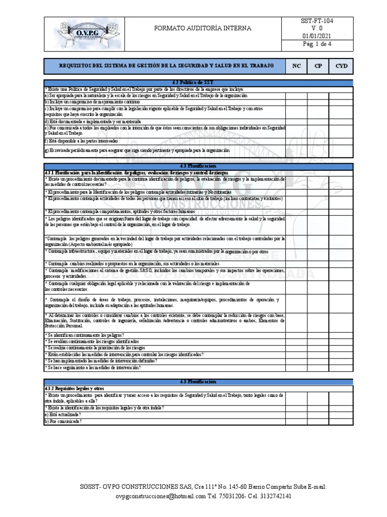 SST-FT-104 Formato Auditoría Interna | PDF | Planificación | Auditoría