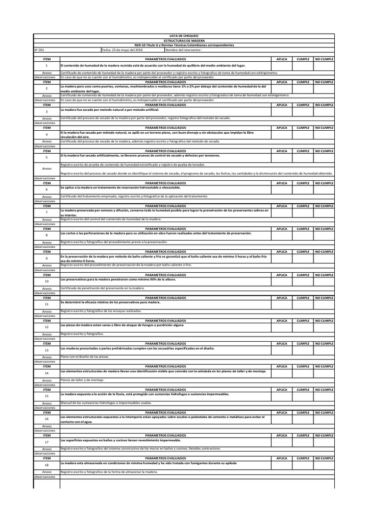 Lista de Chequeo Madera | PDF
