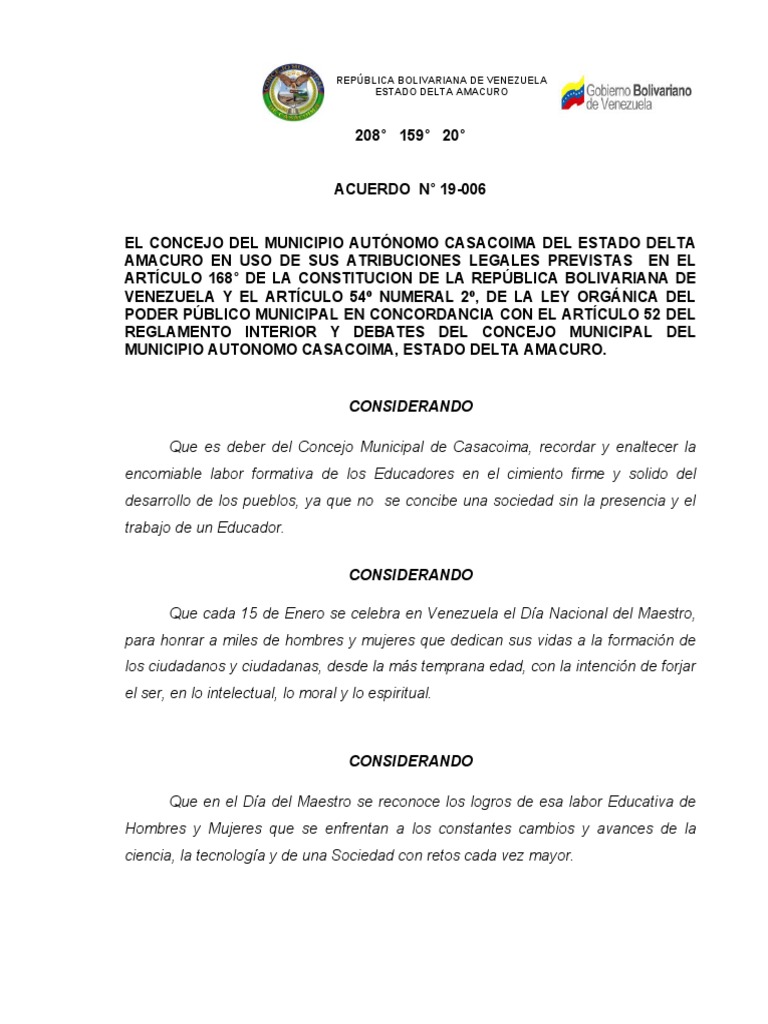 Acuerdo 19-009 Dia Del Educador Sesion Solenne 2019 | PDF | Venezuela