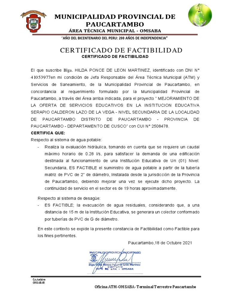 Certificado de Factibilidad de Agua Secalave | PDF