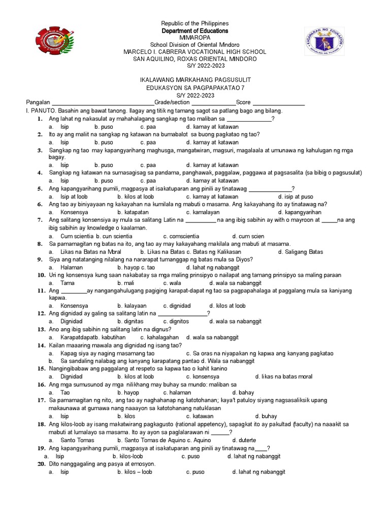 2nd Quarter Exam Esp 7docx | PDF