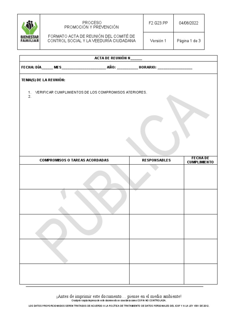 f2.g23.pp Formato Acta de Reunion Del Comite de Control Social y La ...