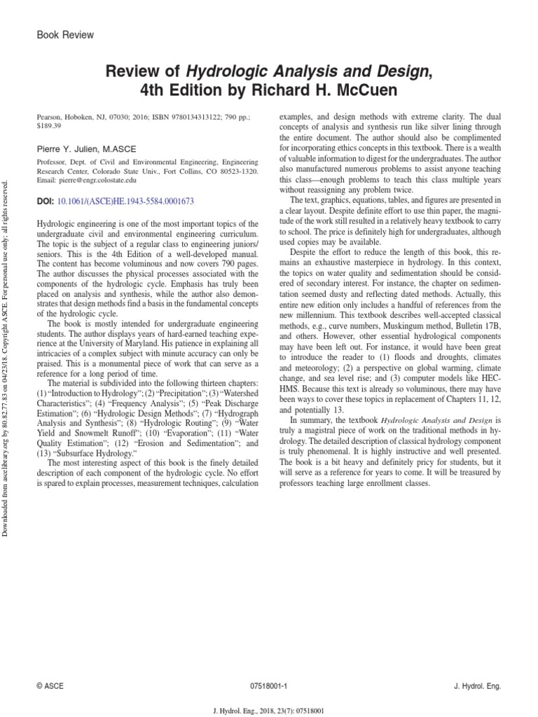 Review of Hydrologic Analysis and Design, 4Th Edition by Richard H ...