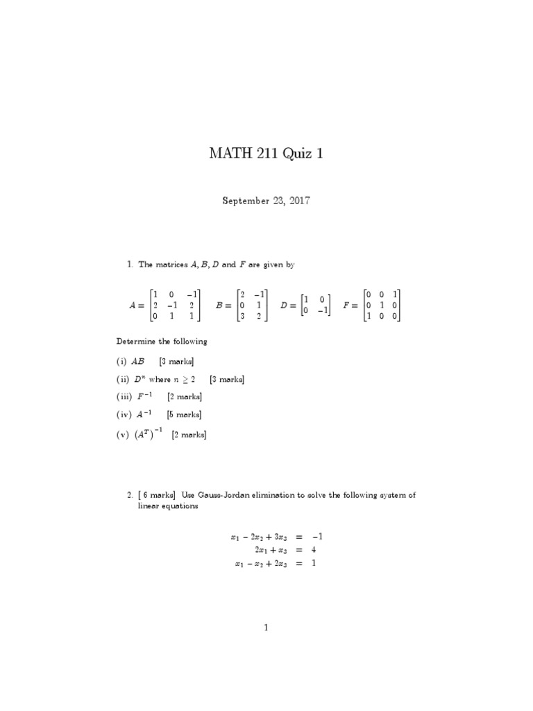 MATH 211 Quiz 1 Solutions | PDF | Matrix (Mathematics) | Mathematical Physics