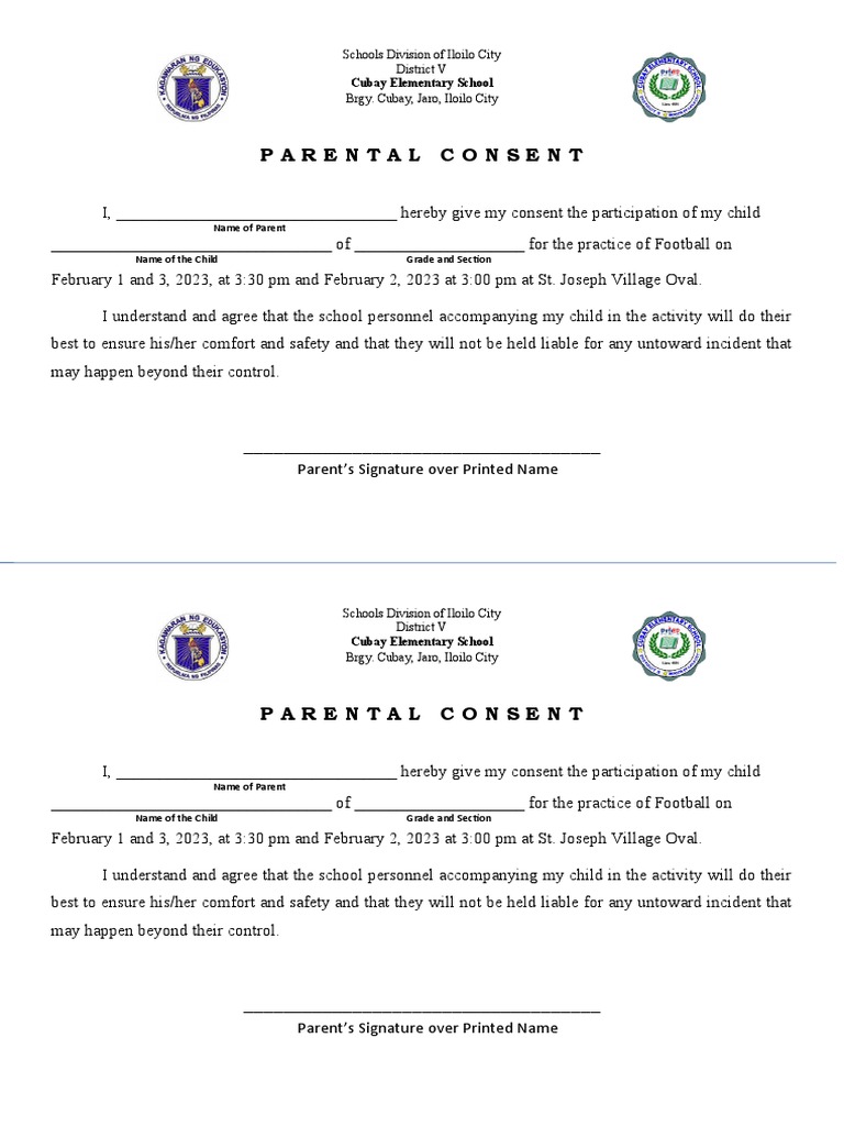 Football Practice Parental Consent | PDF