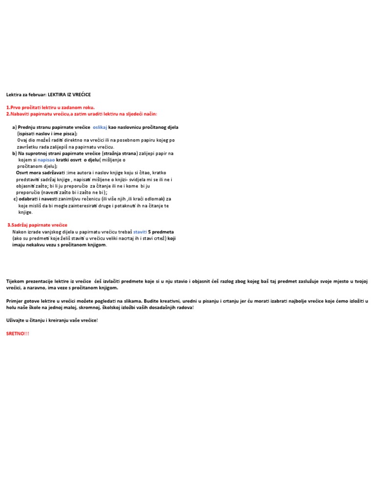 Lektira Iz Vrećice - Upute Za Rad | PDF