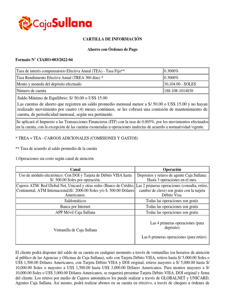 Cartilla de Informacion Ahorros de Ordenes de Pago - BCC - 188 - 108 ...