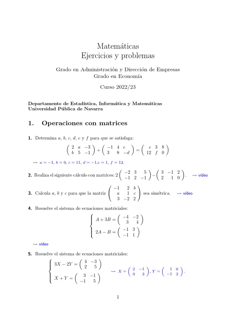 Mat 1 Problemas | PDF | Matriz (Matemáticas) | Determinante