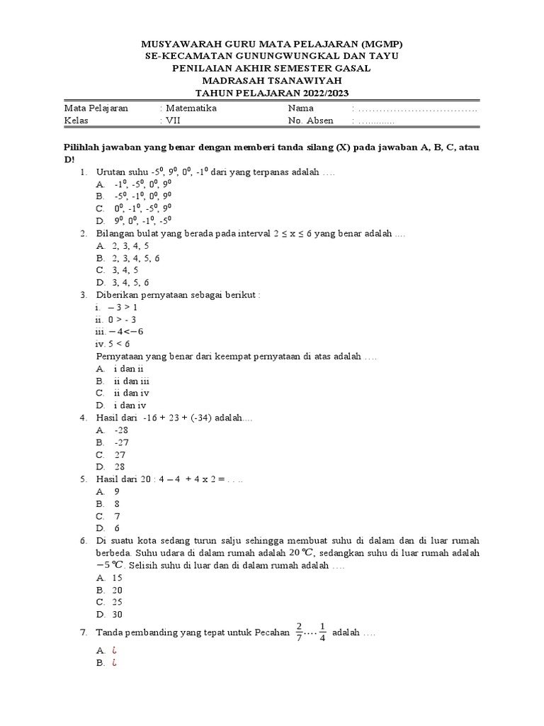 Soal Pas MTK Kelas 7 (2022-2023) | PDF