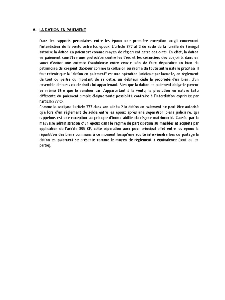 Dation en paiement entre époux en OHADA | PDF