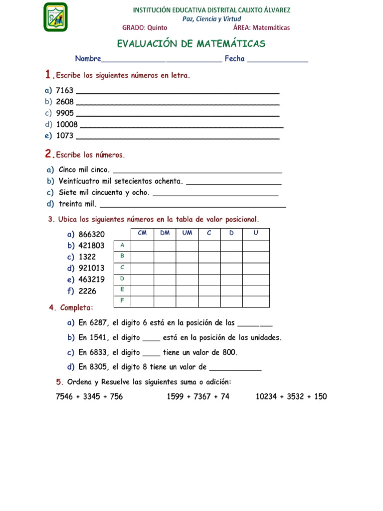 Evaluacion de Matematicas Quinto Grado 2023 | PDF