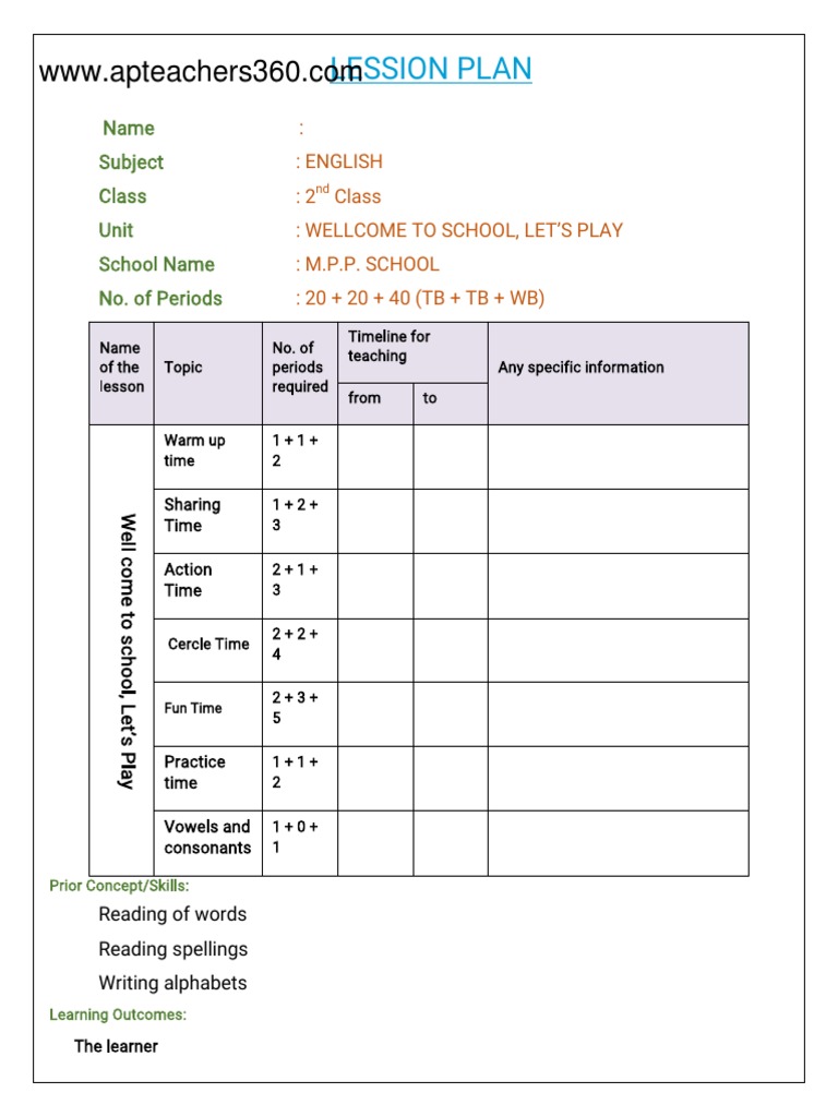 2nd English Lession Plan Welcome To School | PDF | Lesson Plan ...
