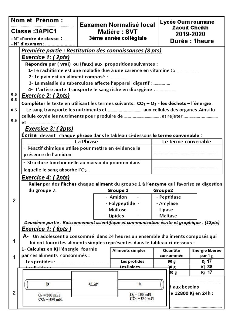 Contrôle SVT 3ème année collège | PDF | Amidon | Sang