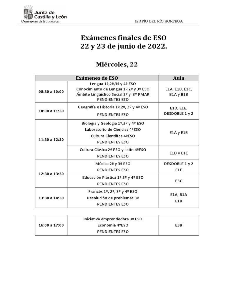 Calendario Exámenes Finales Eso Junio 2021-2022 | Download grátis PDF | Science