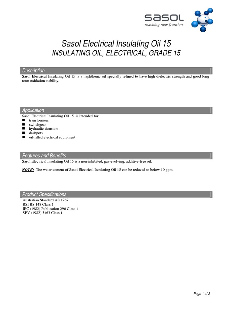 Elec Insulating Oil 15 SASOL - TDS | PDF | Insulator (Electricity ...