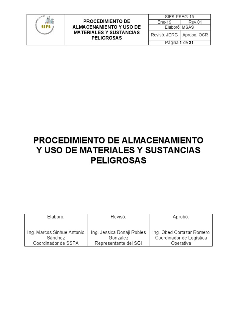 Sifs-Pseg-15. - Procedimiento de Almacenamiento y Uso de Materiales y Sustancias Peligrosas ...