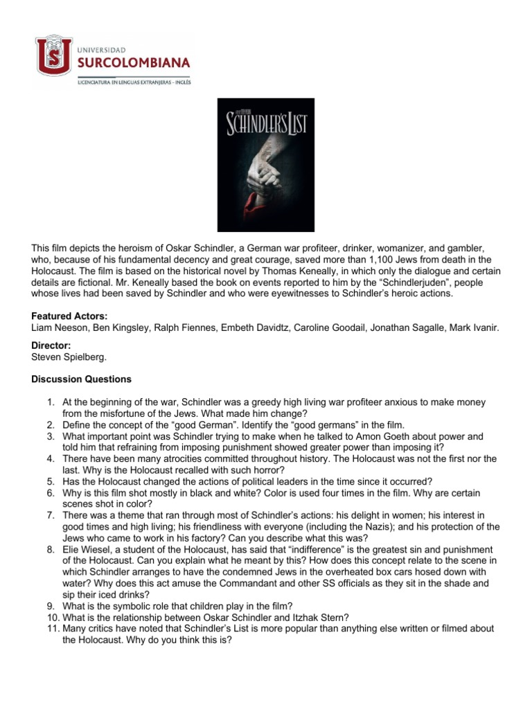 Schindlers List Discussion Questions | PDF