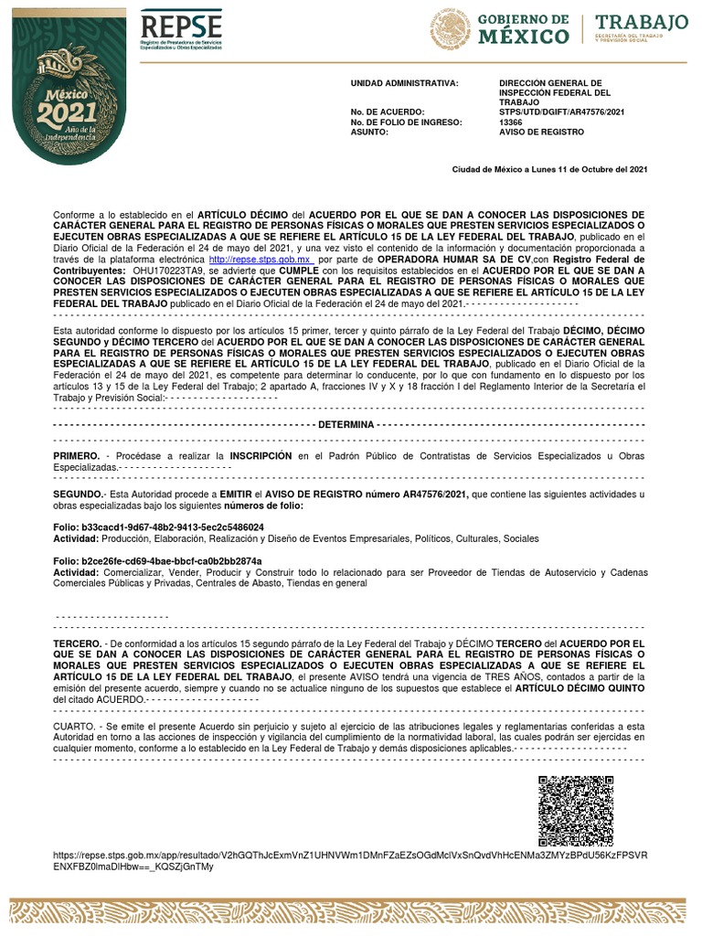 FORMATO 17 Aviso de Registro REPSE | PDF | Justicia | Crimen y violencia