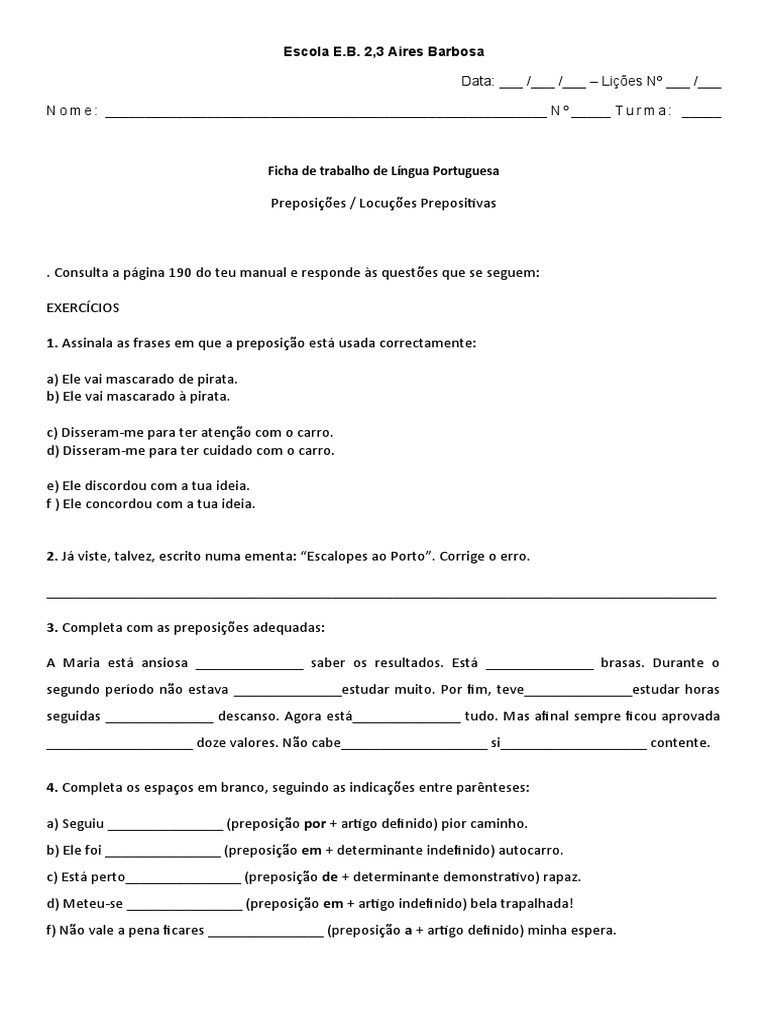 Ficha de Trabalho de Língua Portuguesa - Preposições - Locuções ...