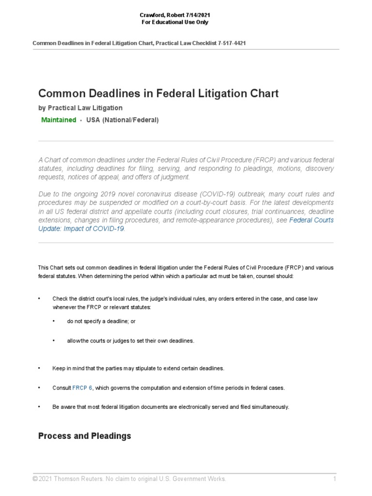 Common Deadlines in Federal Litigation | PDF | Federal Rules Of Civil ...