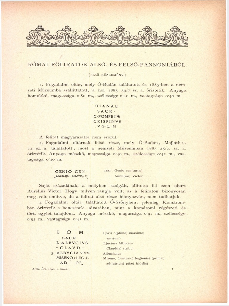 Romai Feliratok Pannoniabol 1, Frolich (Arch. Ert 1890.1) | PDF