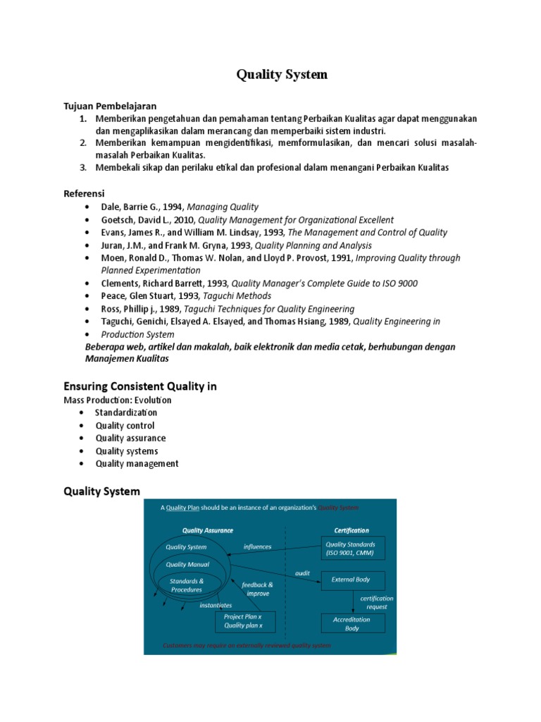Manajemen Kualitas - Quality System | PDF | Quality Management System | Quality Assurance