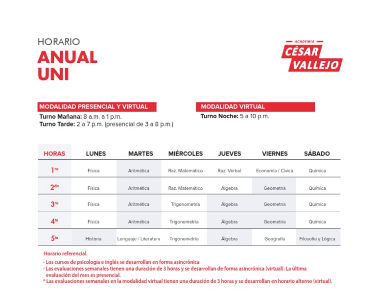 Horario Anual UNI 2023 | PDF
