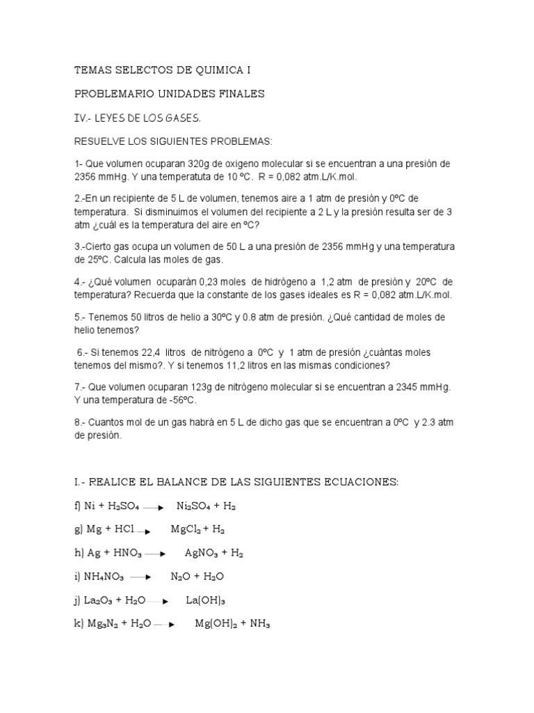 Problemario Final TSQ 1 | PDF | Gases | Mole (Unidad)