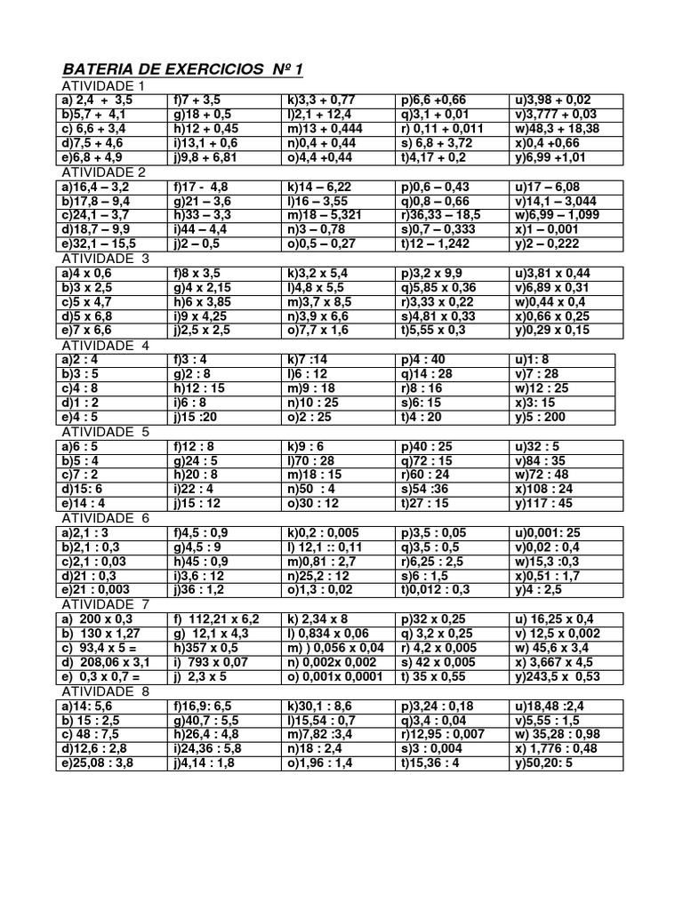 Atividade Extra NUMEROS - DECIMAIS Separada | PDF
