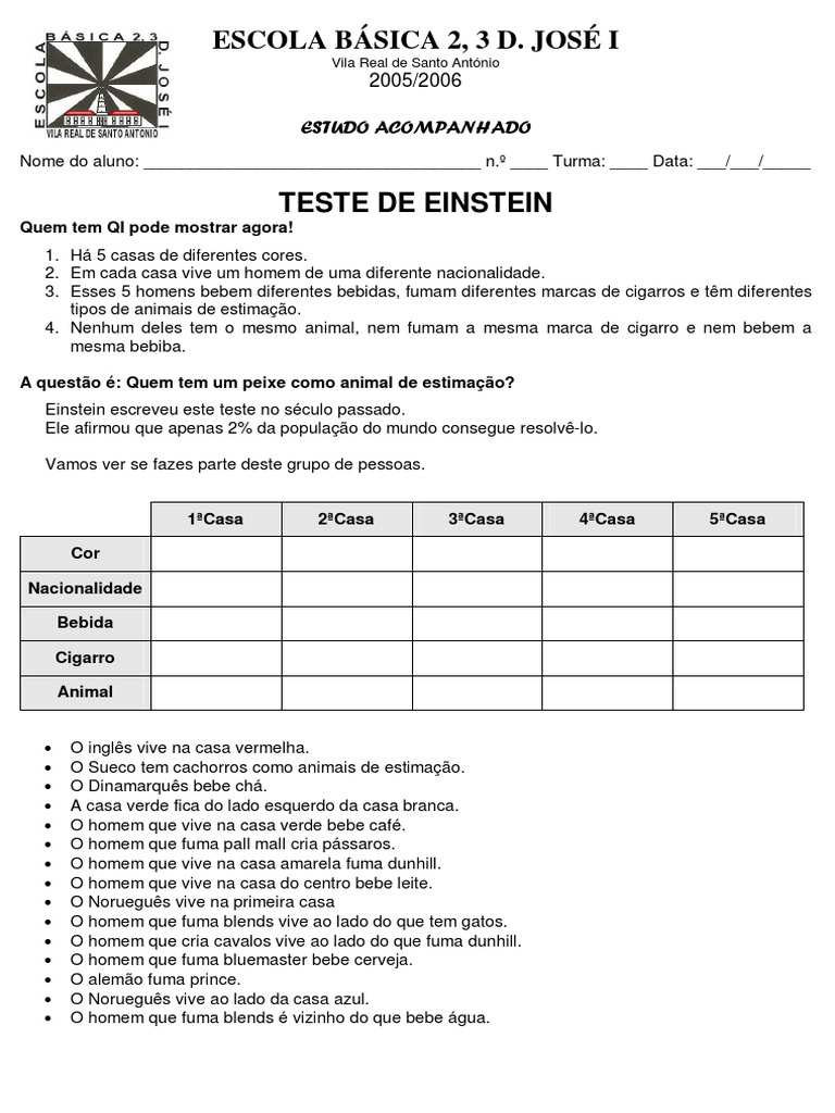 Ficha EA 05 Teste Einstein | PDF
