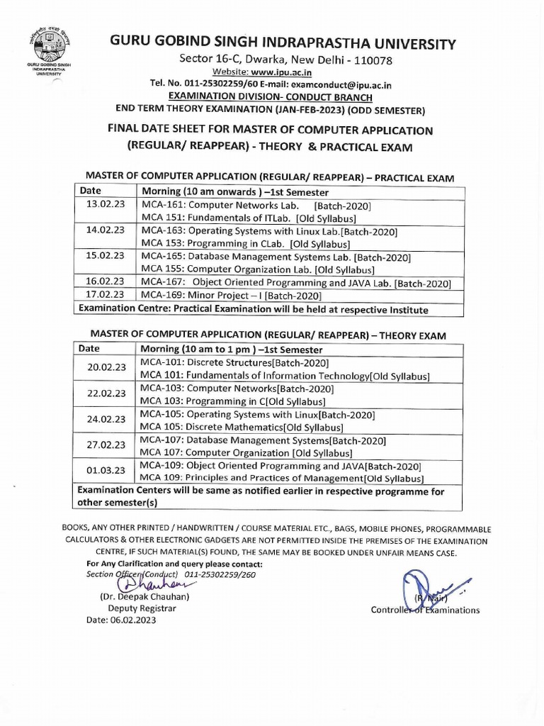 Revised Date Sheet For MCA-1st Year 2022-2023 | PDF