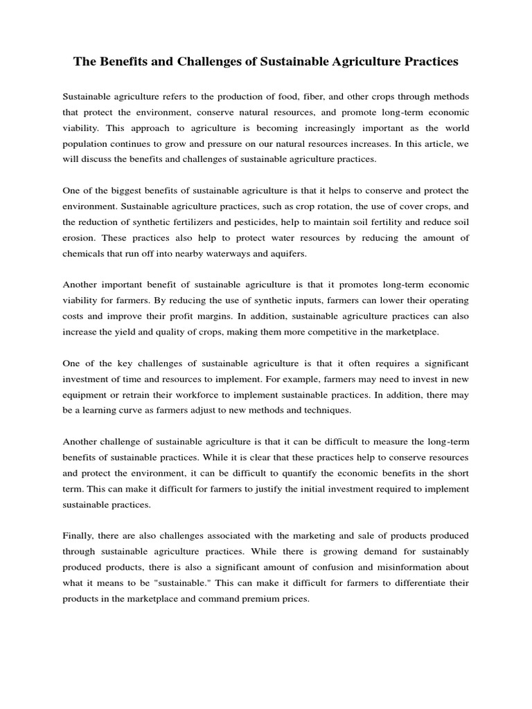 The Benefits And Challenges Of Sustainable Agriculture Practices Pdf Agriculture