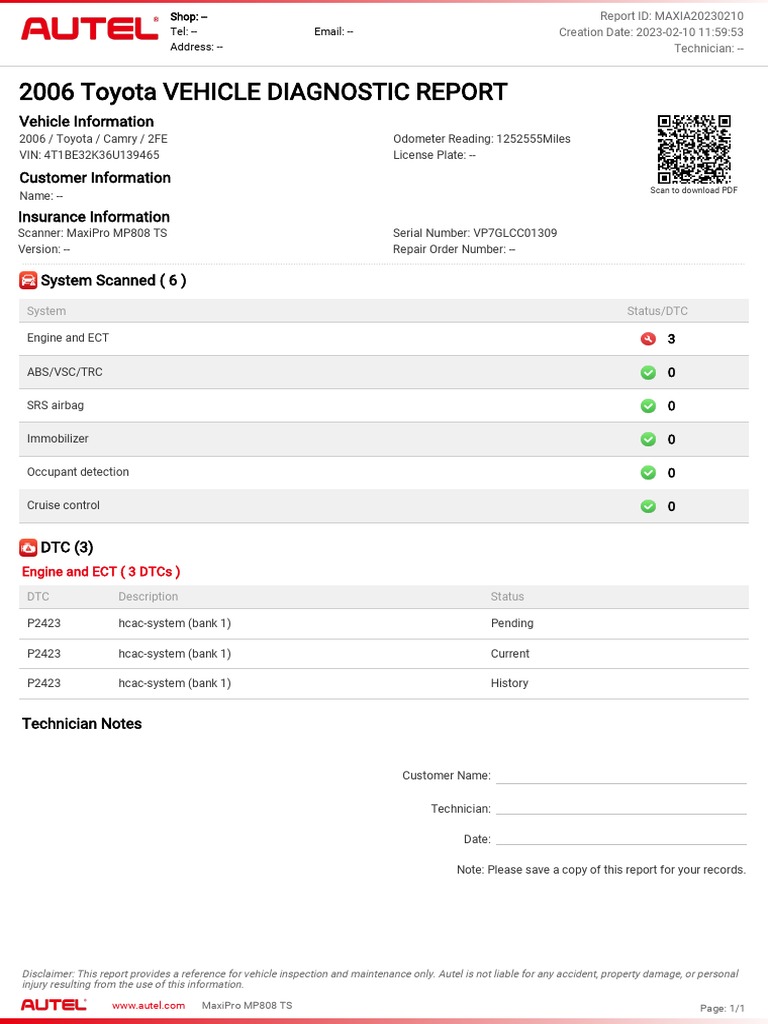 2006 Toyota VEHICLE DIAGNOSTIC REPORT - 4T1BE32K36U139465 ...