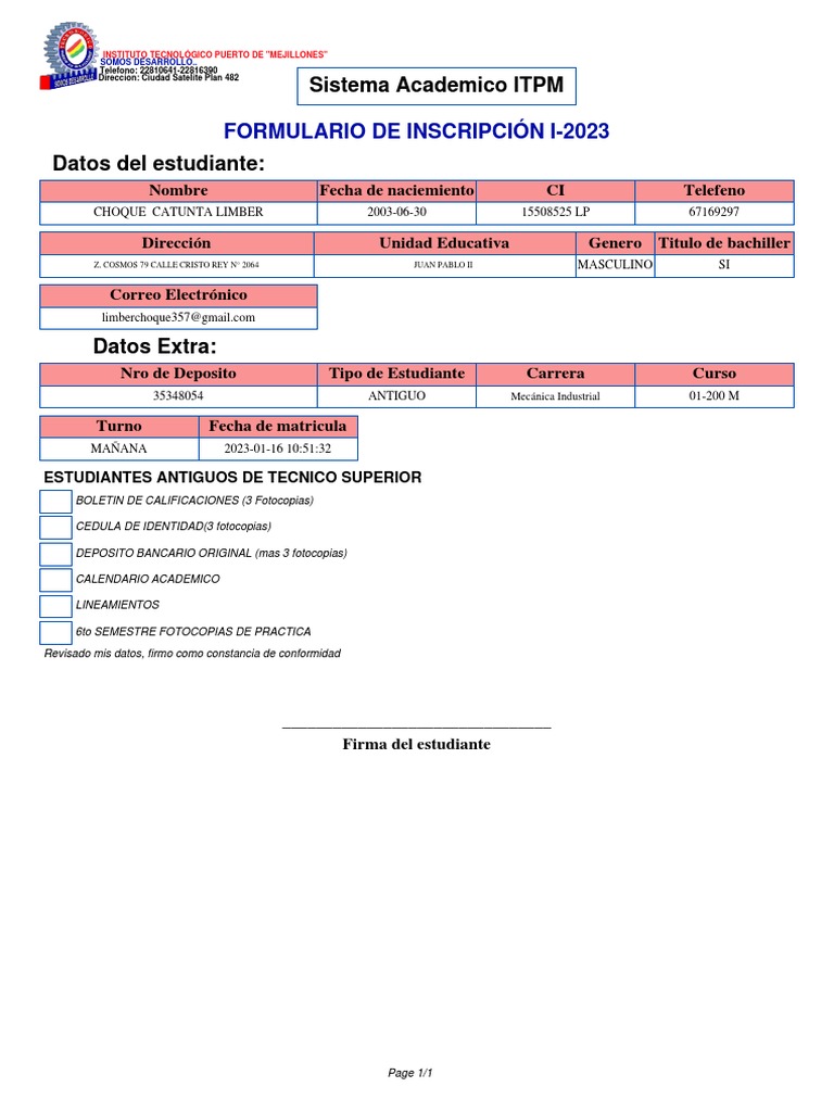 Formulario Inscripción ITPM 2023 | PDF