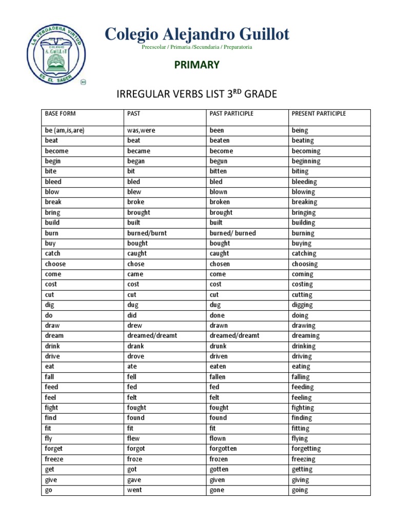 3 RD Grade Irregular Verbs List | PDF