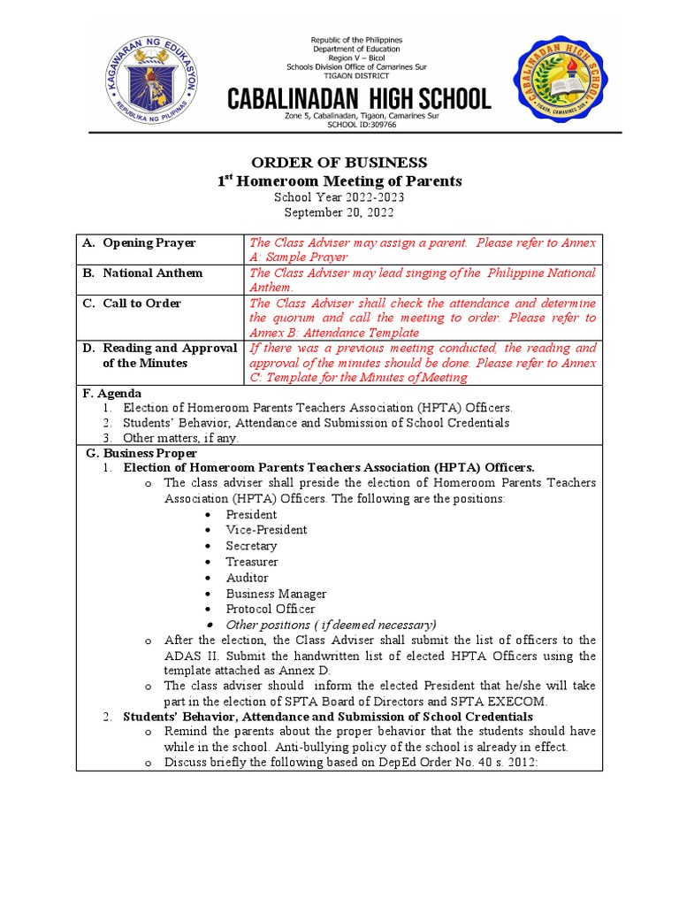 1st Homeroom Meeting Guide | PDF
