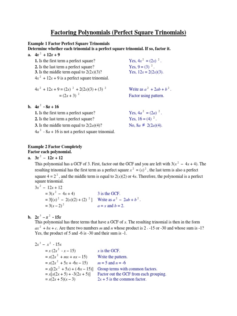 Factoring Polynomials Perfect Square Trinomials Pdf Factorization