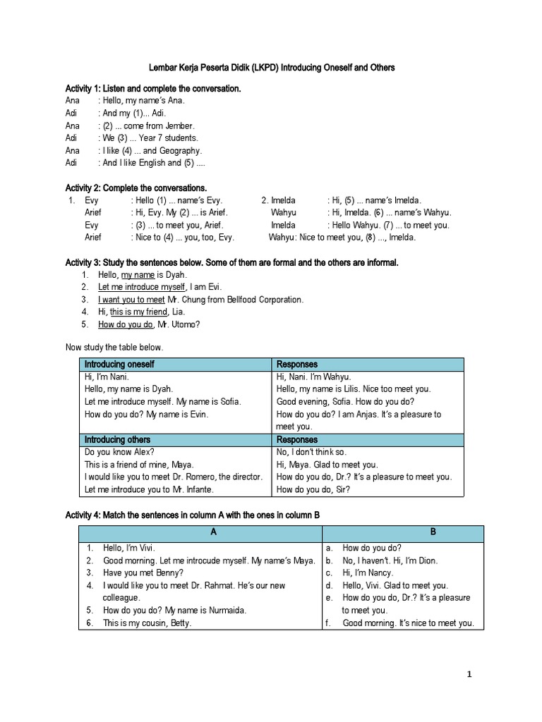 Student Worksheet Introducing Oneself and Others | PDF