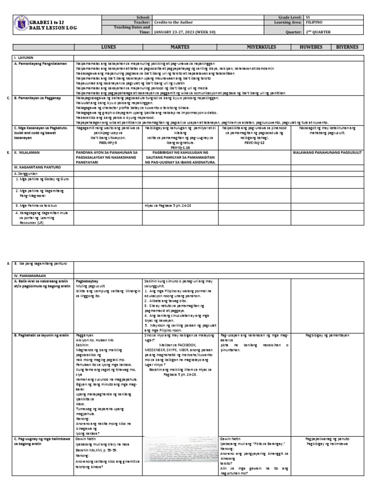 DLL - Filipino 6 - Q2 - W10 | PDF