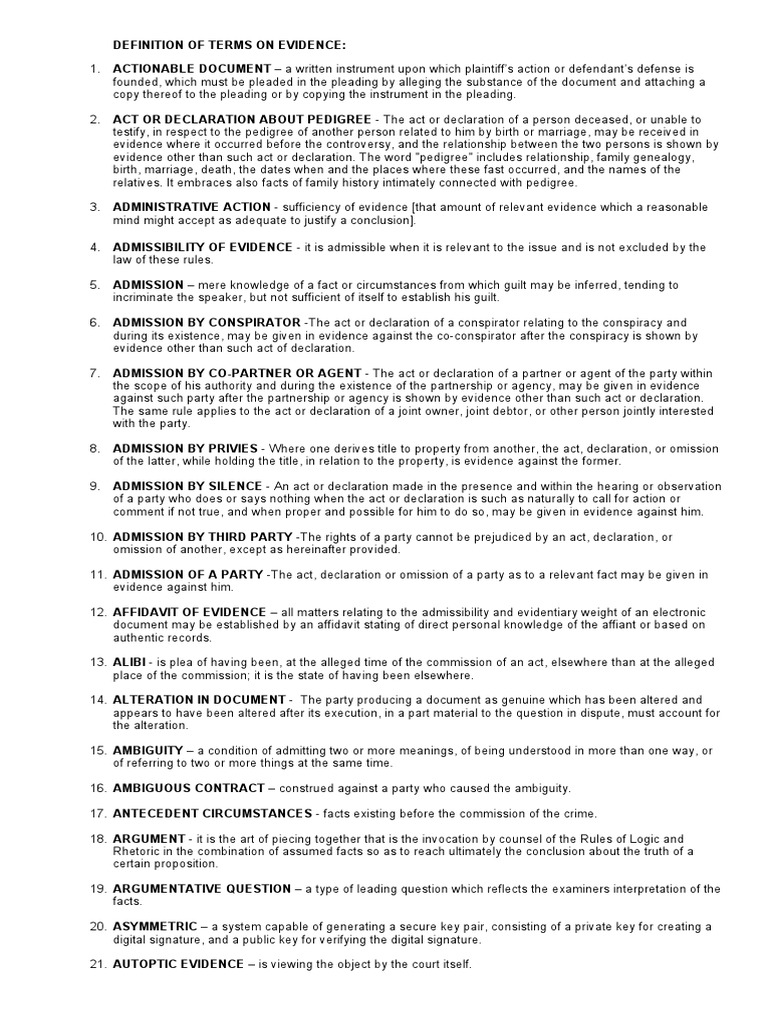 EVIDENCE DEFINITION TERMS | PDF | Evidence (Law) | Witness